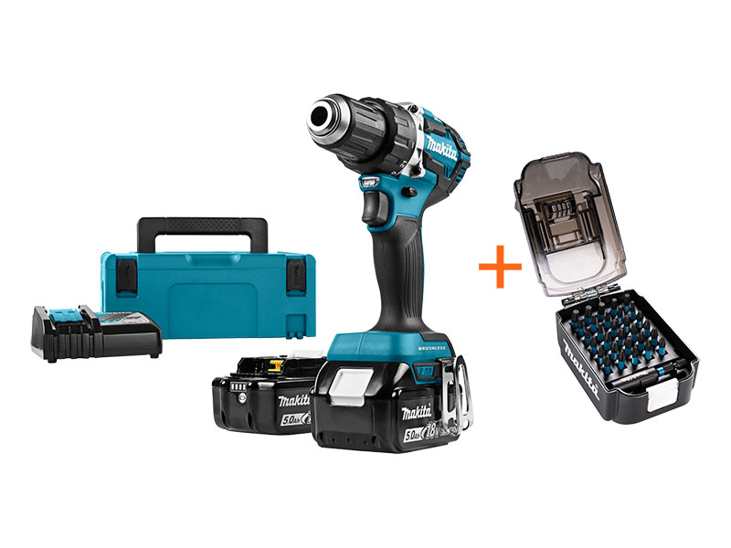 Makita schroefboormachine DDF484RTJ 18V schroefbitset 31 delig Blackfriday uitvoering